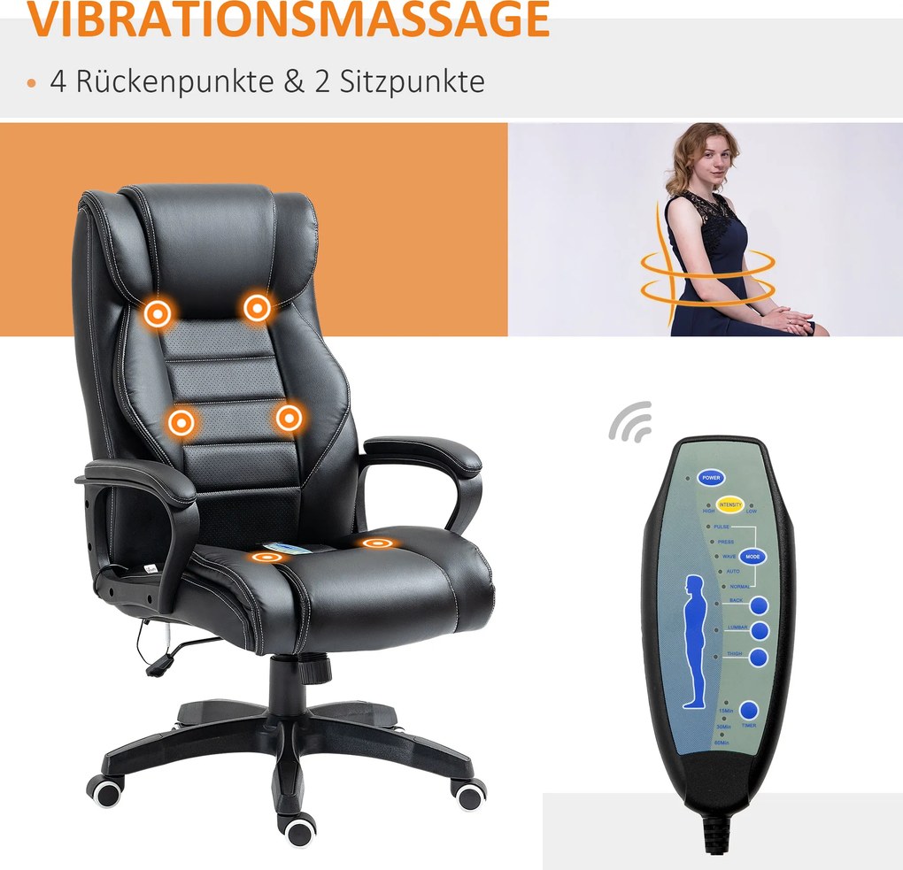 Masážní kancelářská židle Vinsetto v kůži, ergonomická výškově nastavitelná otočná židle, počítačová židle v černé barvě pro kancelář a domácí kancel…