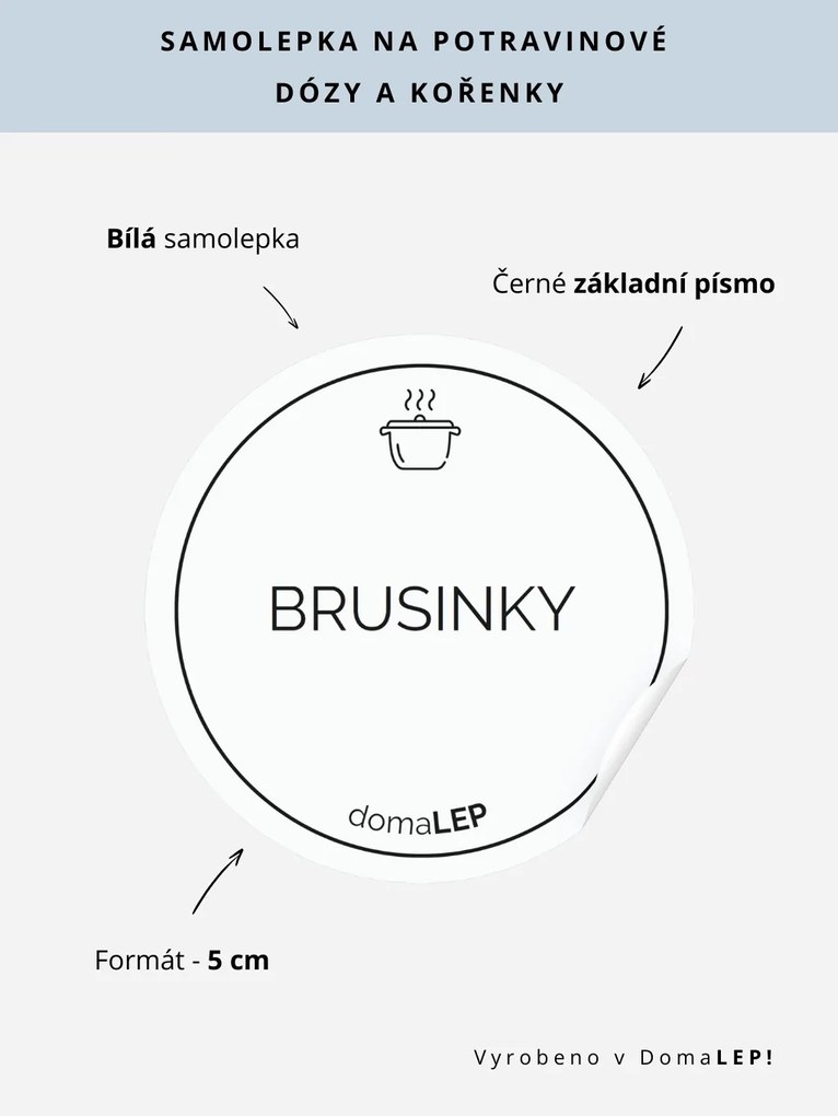BRUSINKY – bílá samolepka na dózu, základní písmo, 5 cm | DomaLEP