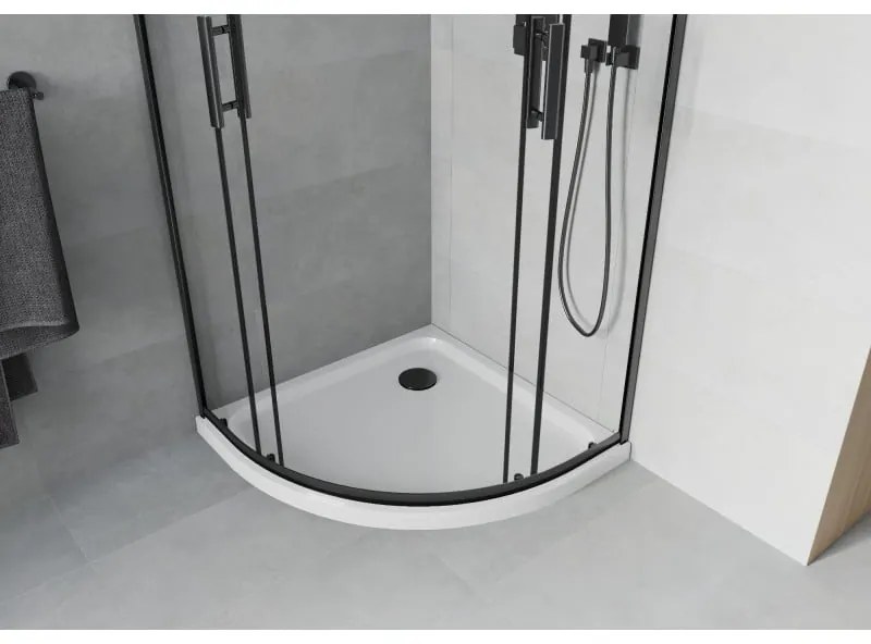 Mexen Rio, čtvrtkruhový sprchový kout s posuvnými dveřmi 90 x 90 cm, 5mm čiré sklo, černý profil + bílá sprchová vanička, 863-090-090-70-00-4110B