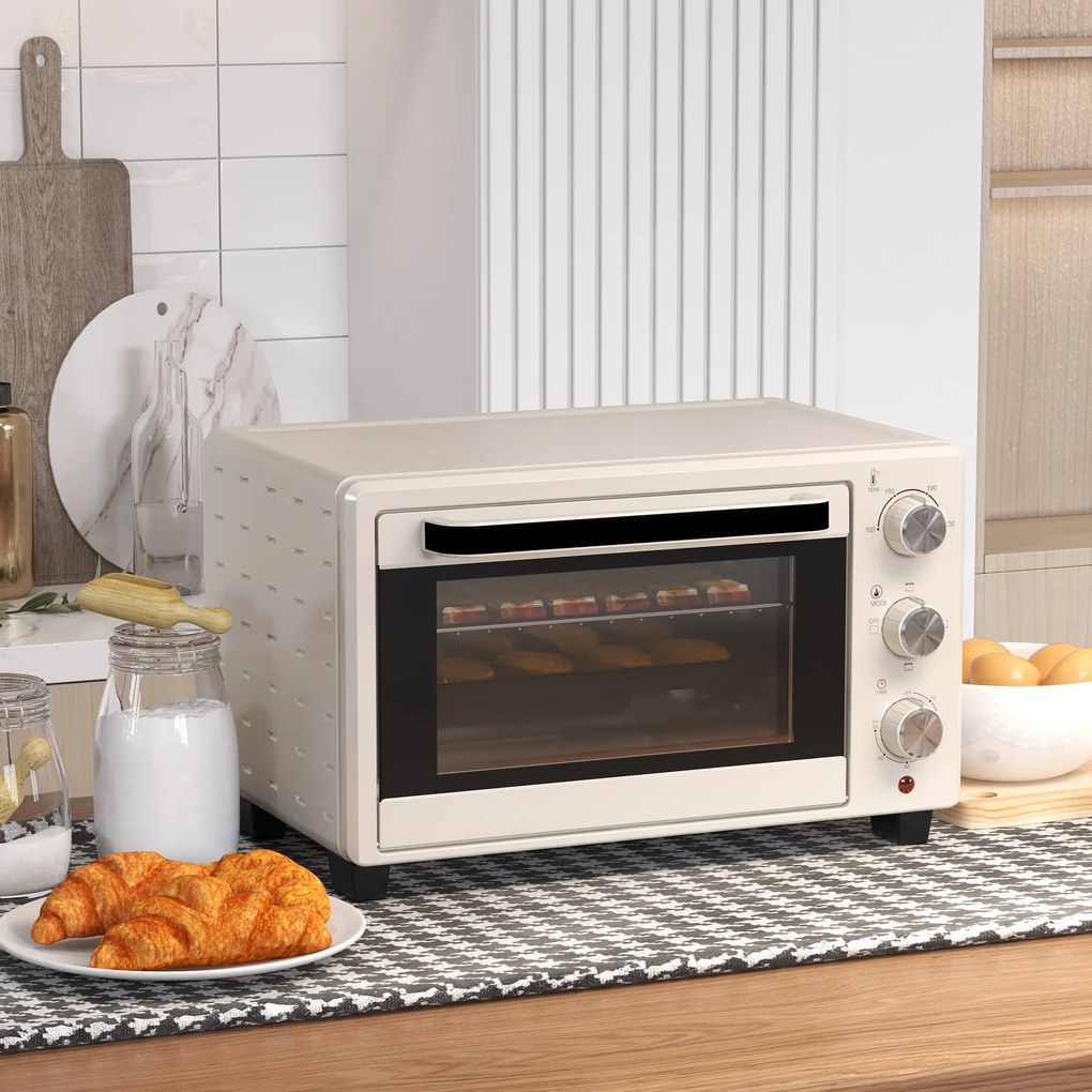 HOMCOM Mini trouba 21L Pizza Mini trouba Plech na pečení Plech na drobky 1400W Pultová trouba 1h Časovač 100-230°C Kovový krém