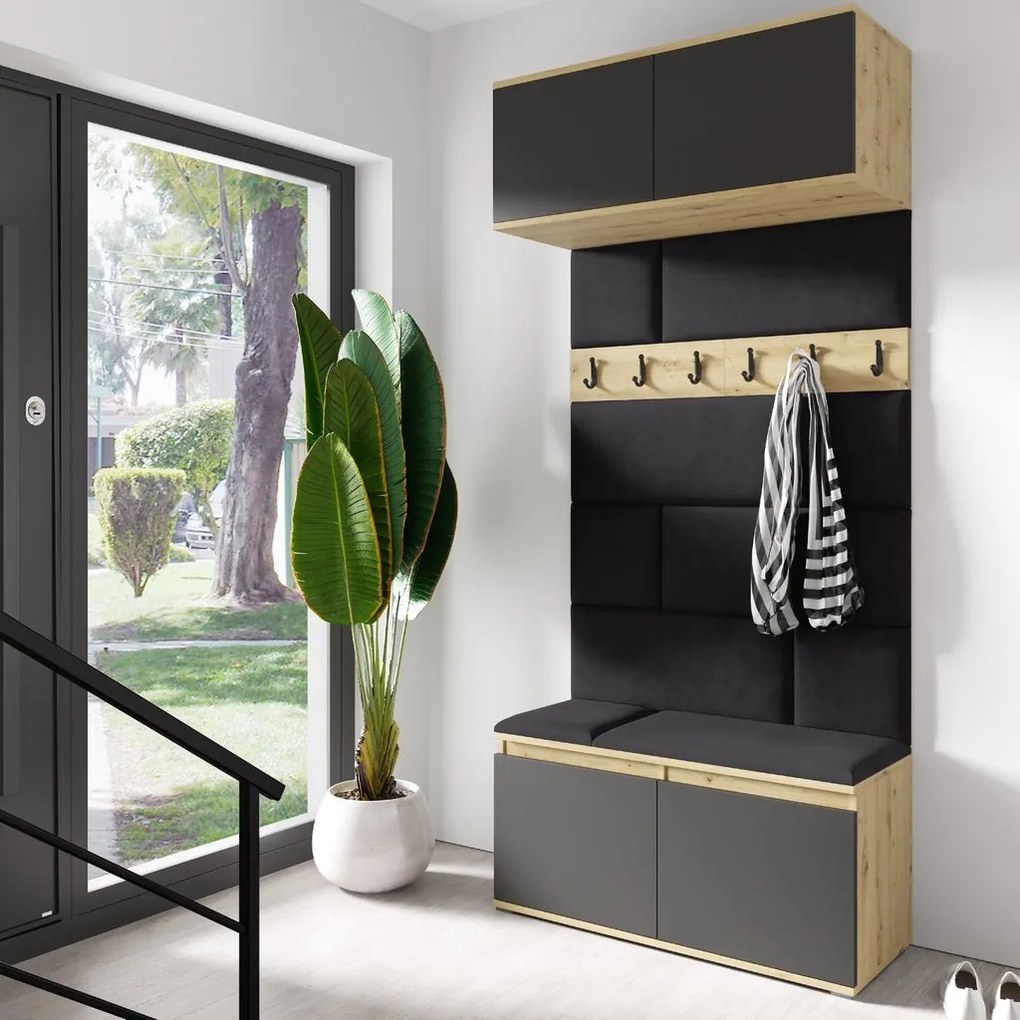 Eka Předsíňová stěna s čalouněnými panely Trinity 23 - Dub Artisan s černou / Černá 2316
