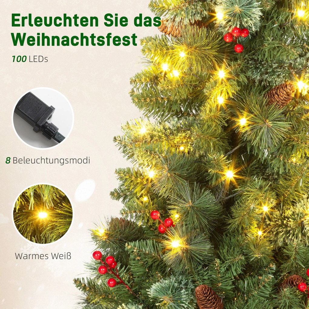 HOMCOM Umělý vánoční stromek 120 cm, smrkový stromek umělý s 100 LED světly, 8 režimů, 214 větviček