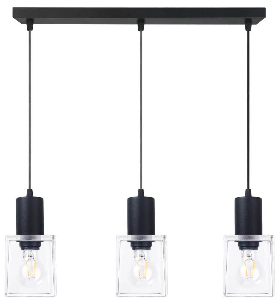 Light for home - Závěsné svítidlo černá lišta a čiré skleněné hranaté stínidla 60603 "Roberto", 3x60W, E27, Černá