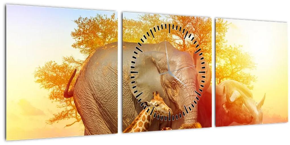 Obraz afrických zvířátek (s hodinami) (90x30 cm)