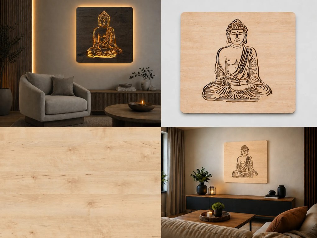 Li-Go "Buddha" světelný obraz s baterií a pohybovým čidlem 62x62 cm provedení povrchu: bříza