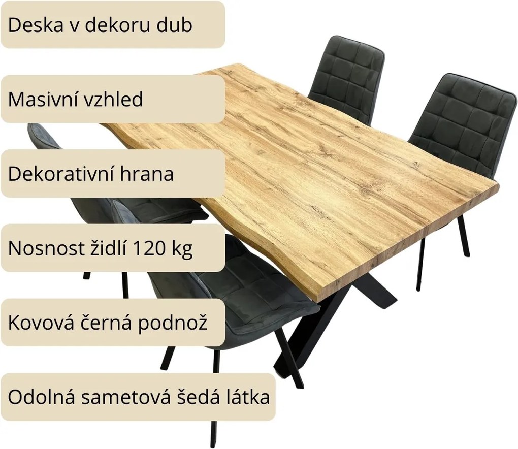 Vikio Jídelní set pro 4 osoby 160x90 cm dub, šedá samet VJS116-41S-S