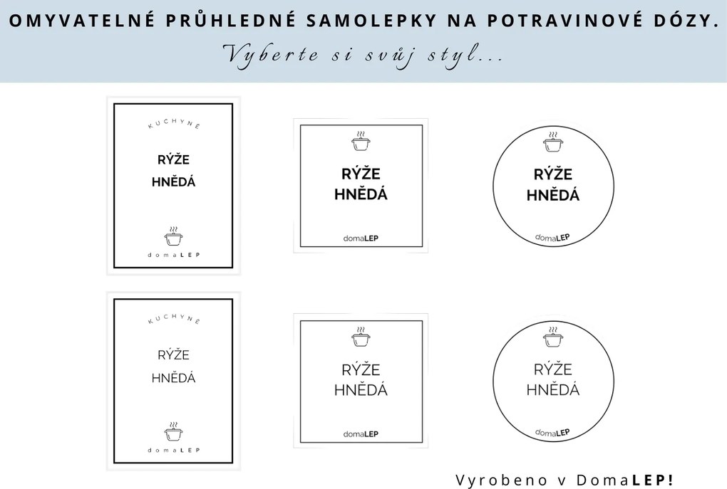 RÝŽE HNĚDÁ - omyvatelná samolepka na dózu, výběr rozměrů Ø 5 cm / 5 x 5 cm / 6 x 8 cm | DomaLEP tvar: OBDÉLNÍK, barva: PRŮHLEDNÁ - ČERNÉ písmo, velikost: š. 6 cm x v. 8 cm - tučné písmo