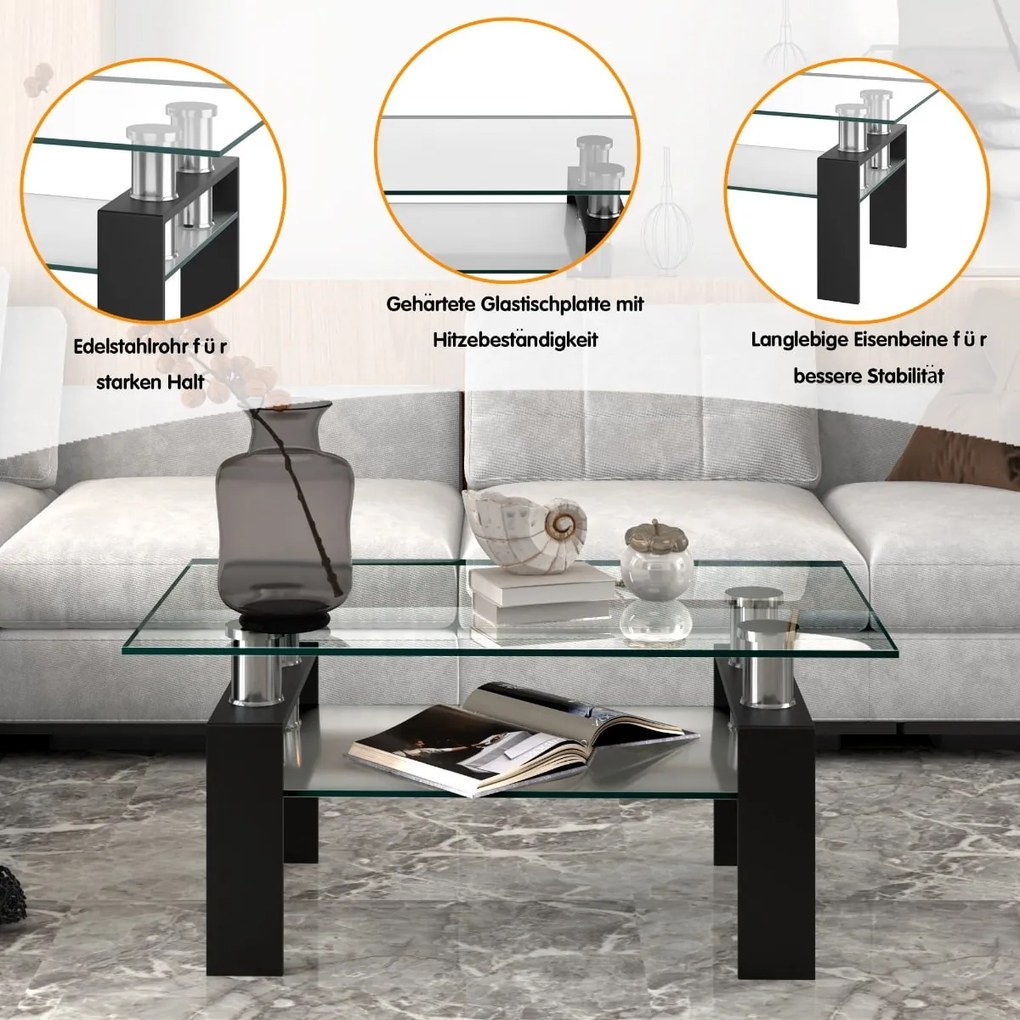 Costway Konferenční stolek ze skla, se spodní policí – 99,5 × 59,5 × 44,5 cm
