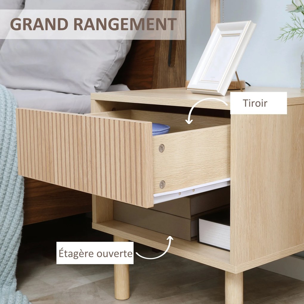 HOMCOM Noční stolek s šuplíky a policemi, moderní styl, 47 x 50 cm, přírodní dřevěný povrch