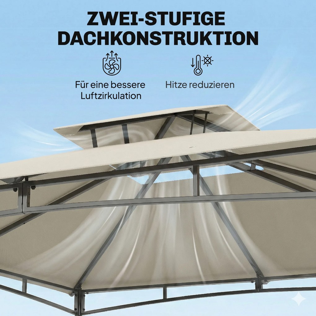 Pavilon 3x3m Vodoodpudivá stáj Zimovzdorný zahradní pavilon se stahovacím horním rámem Dvojitá střecha Krémově bílá