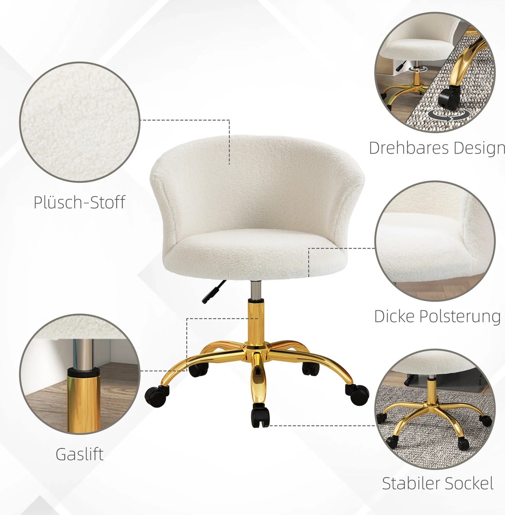 Ergonomická kancelářská židle Vinsetto Teddy Fleece, kosmetická židle, otočná židle s nastavitelnou výškou, polstrované sedadlo a zlatý ocelový rám, …