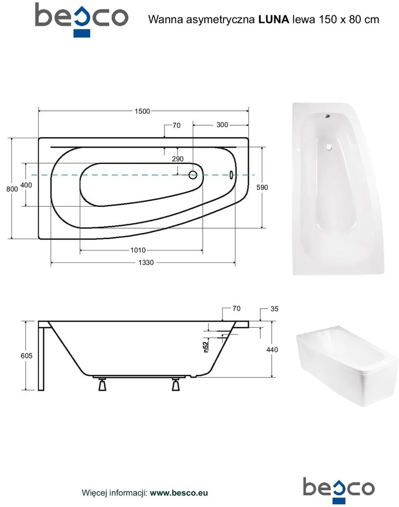 BESCO Asymetrická vana LUNA Nožičky k vaně - Bez nožiček, Rozměr vany - 150 × 80 cm, Způsob provedení - Levé - VANLUN150L