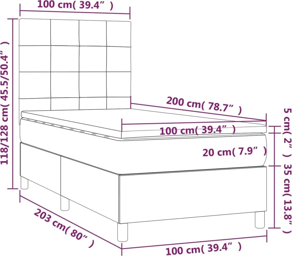 vidaXL Box spring postel s matrací a LED 100x200 cm samet [3136112] Barva: Růžová