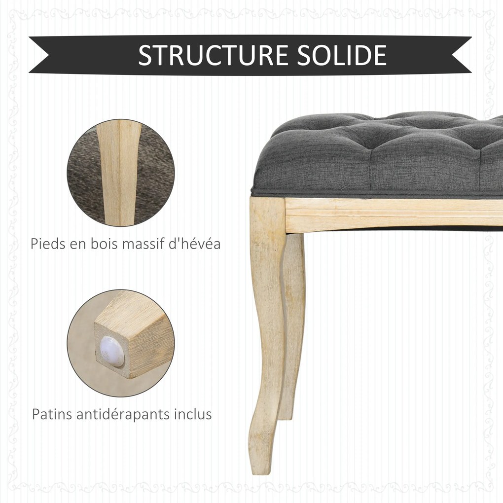 HOMCOM Čalouněná lavice s knoflíky v klasickém chic stylu 110 cm na konec postele, čalouněná lnu, nohy z kaučukového dřeva šedá