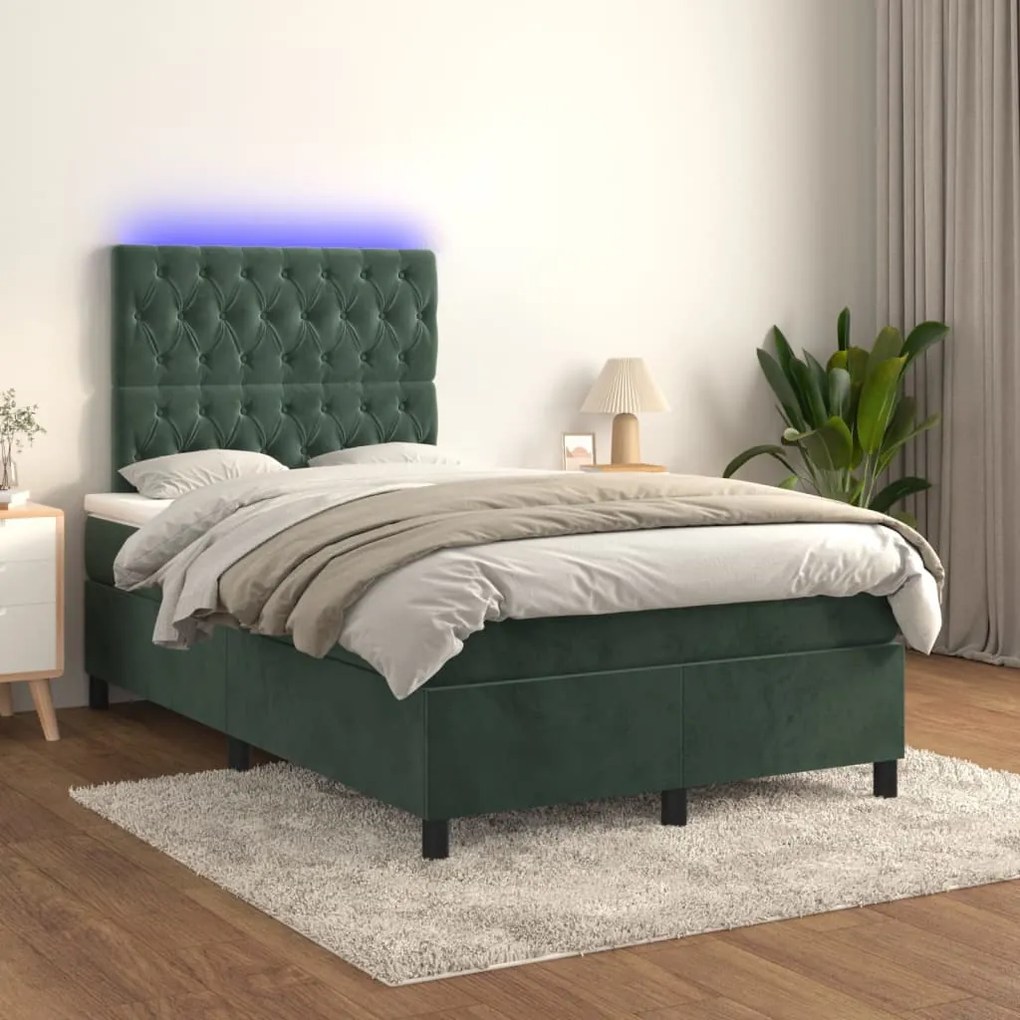 Box spring postel s matrací a LED tmavě zelená 120x200 cm samet
