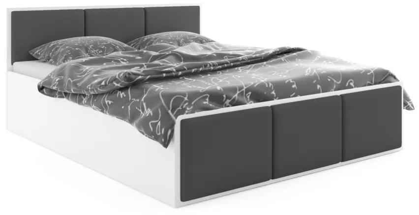 Čalouněná postel PANAMAX, 140x200, bílá/trinity 15 - šedá + kovový rošt + matrace