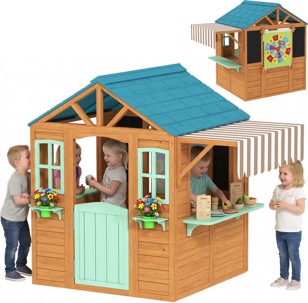 AIYAPLAY dřevěný zahradní domeček s prodejním pultem, květináči a tabulí – vícebarevný, 3–6 let, 142 × 120 × 141,5 cm | Aosom