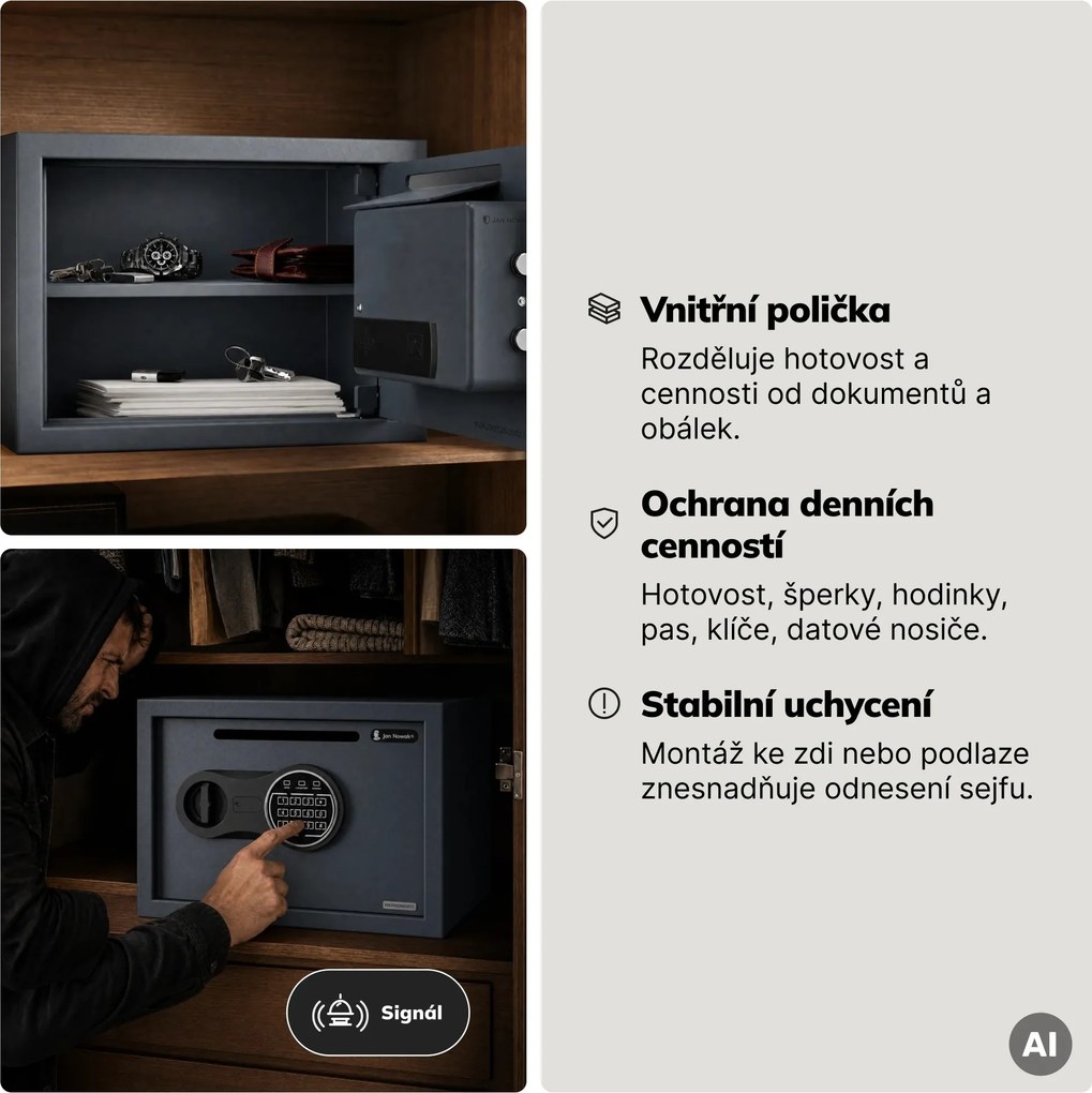 Malý vhazovací trezor na kód, elektronický, na tržbu a obálky, 350x250x250 mm: PIERCE