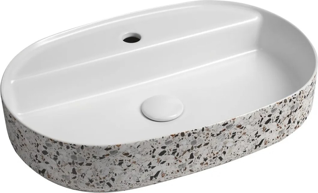 Isvea Infinity Oval keramické umyvadlo na desku 60 x 40 cm s otorem pro baterii bez přepadu terrazzo bílá 10NF65060-2L-TRZ