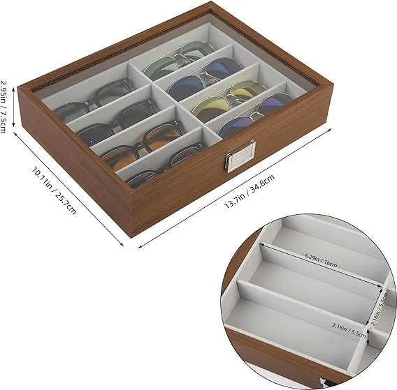 eCarla Organizér na brýle, box s víkem k uložení 8 brýlí, imitace dřeva