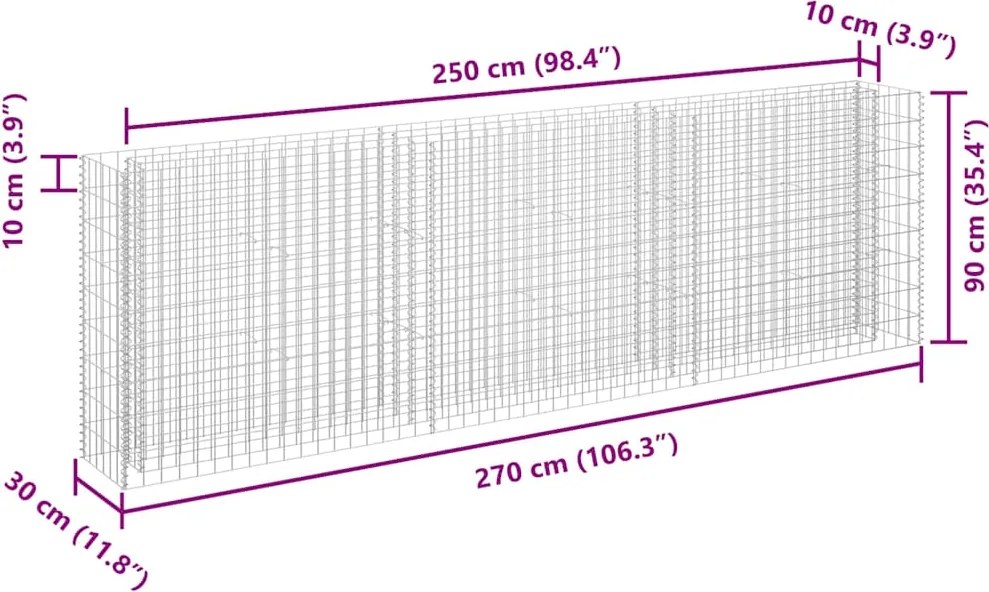 Gabionový vyvýšený záhon pozinkovaná ocel 270 x 30 x 90 cm 145639