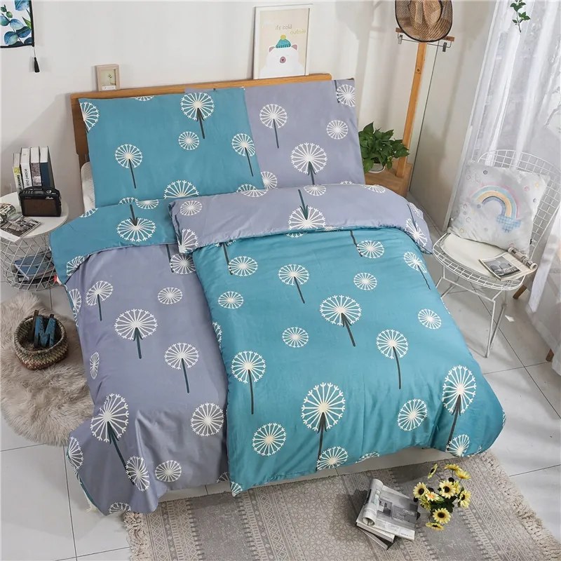 Bavlněné saténové povlečení 140x200+70x90 Pampeliška tyrkys/šedá