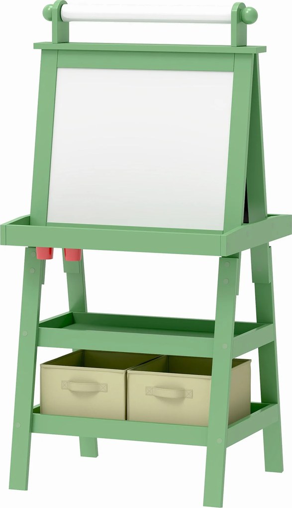 AIYPLAY Dětský easel 3v1 Magnetická oboustranná tabule s papírovým válcem a úložnými košíky 59x48x118 cm Zelená | Aosom