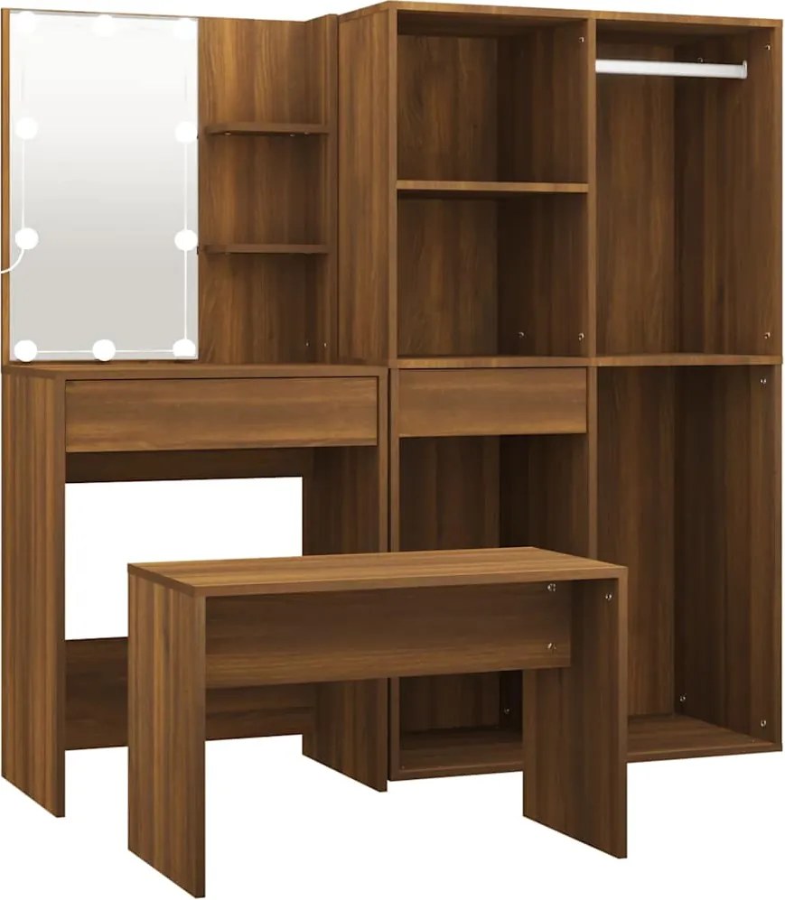 Toaletní stolek sada s LED hnědý dub kompozitní dřevo 3114106