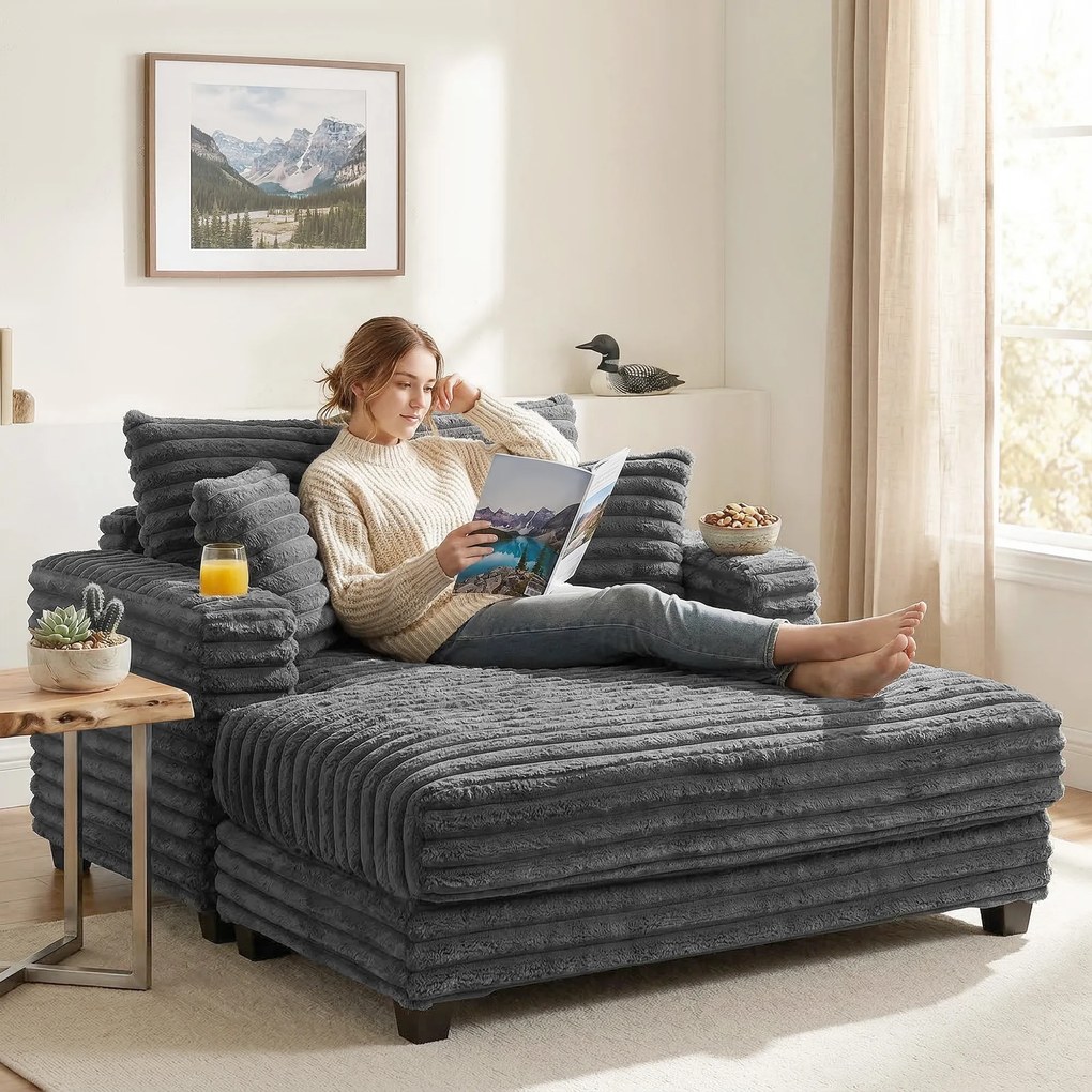 HOMCOM rozkládací pohovka pro 2 osoby s chaise, šedý kordurový potah, polštářky, područky s držáky na nápoje – 134 × 151 × 89 cm