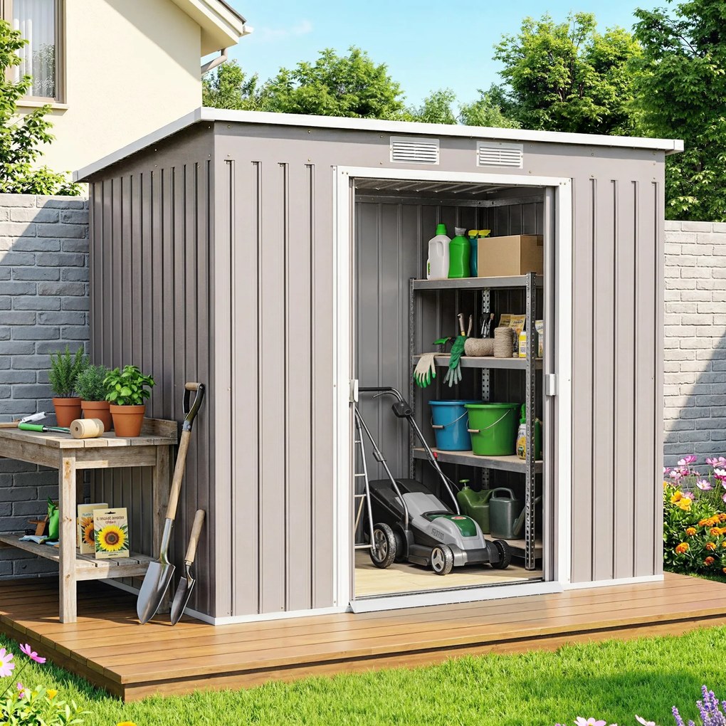 Zahradní domek Outsunny 3,2 m² 213x130x172 cm se sběrnými dveřmi a šikmou střechou, zesílený základ (podlaha není součástí) a 2 okna, Světlá šedá