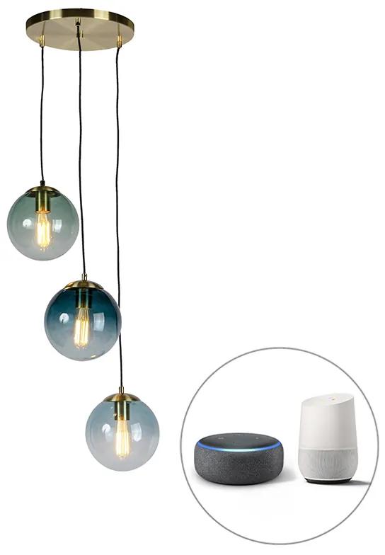 Chytré závěsné svítidlo mosazné vč. 3 WiFi ST64 s modrým sklem - Pallon