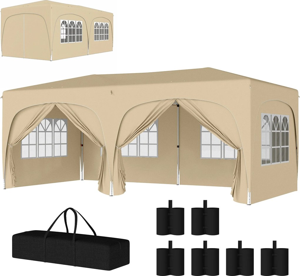 Pavilon Outsunny přibližně 3x6m, voděodolný stabilní zimní stan s rychlým rozkladem a skládacím designem, UV ochrana 50+, skládací párty stan s 6 bočn