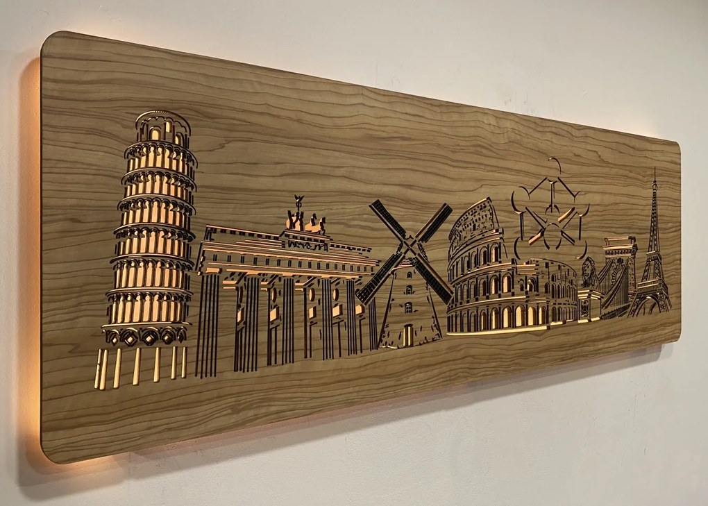 Li-Go "Evropské památky" světelný obraz 230V 130x40 cm provedení povrchu: dub světlý