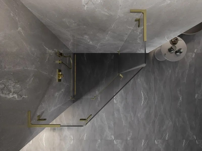 Mexen Lunar, L pětiúhelníkový sprchový kout naklápěcí doleva 100 x 100 cm, 8mm čiré sklo, zlatý matný profil, 831L-100L-100P-55-00-L