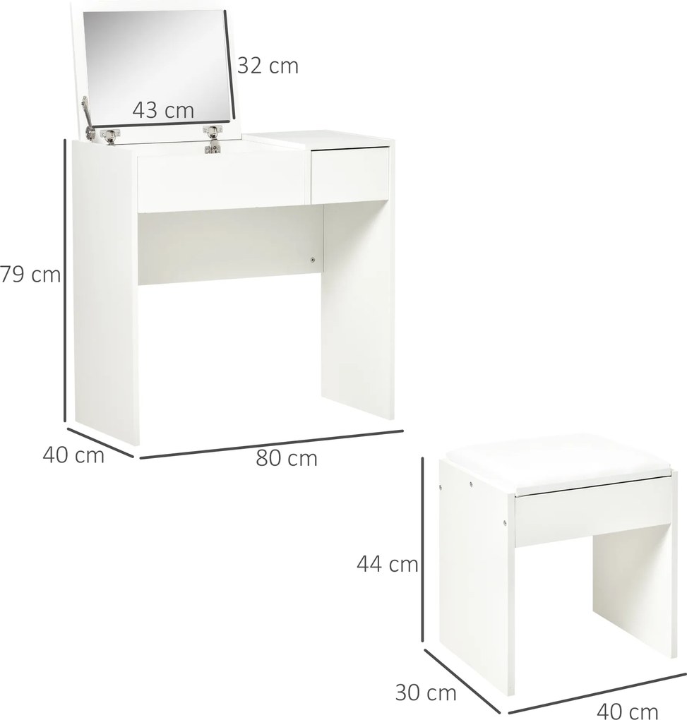 HOMCOM Moderní toaletní stolek 80Š x 40H x 79V cm se sklopným zrcadlem, zásuvkou a úložným prostorem + stůl