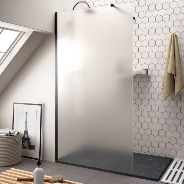 Erga Paris, sprchová zástěna Walk-In 80x200 cm, 8mm sklo námraza, černý profil, ERG-V02-PARIS-080x200-FR-BK