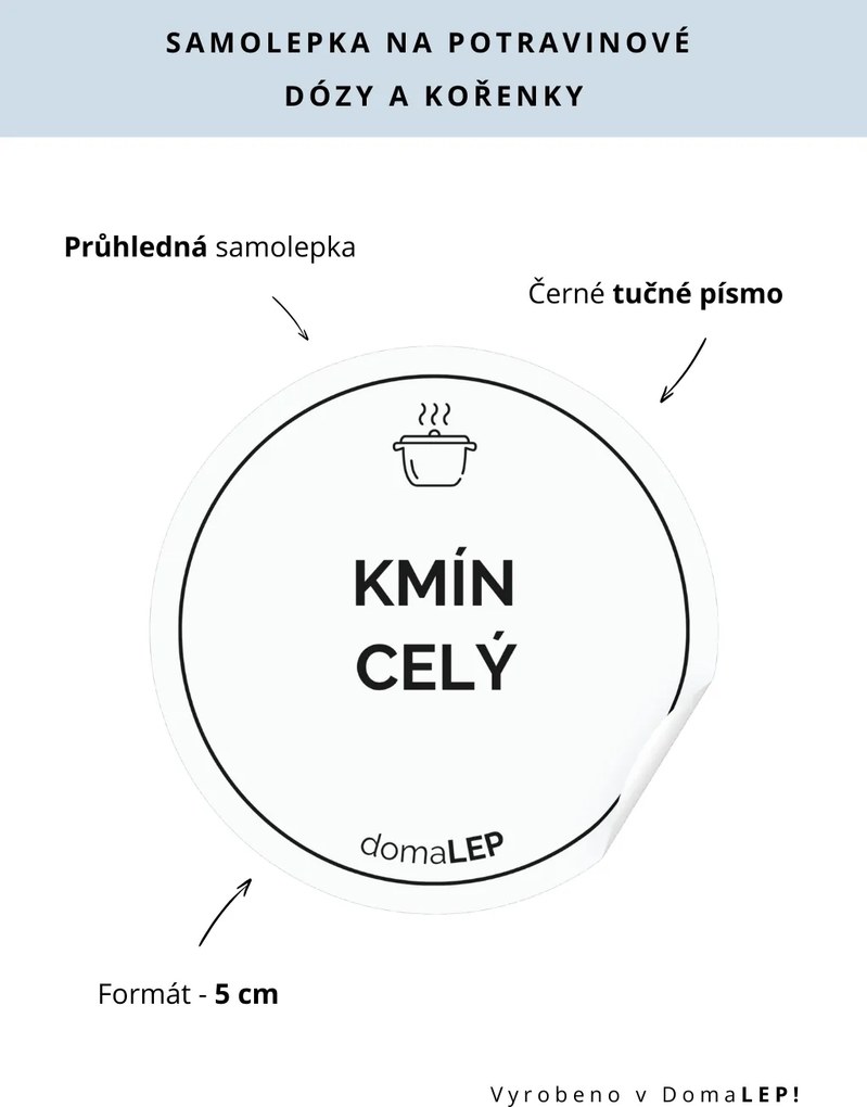 Samolepka na kořenky KMÍN CELÝ průhledná 5 cm tučné písmo