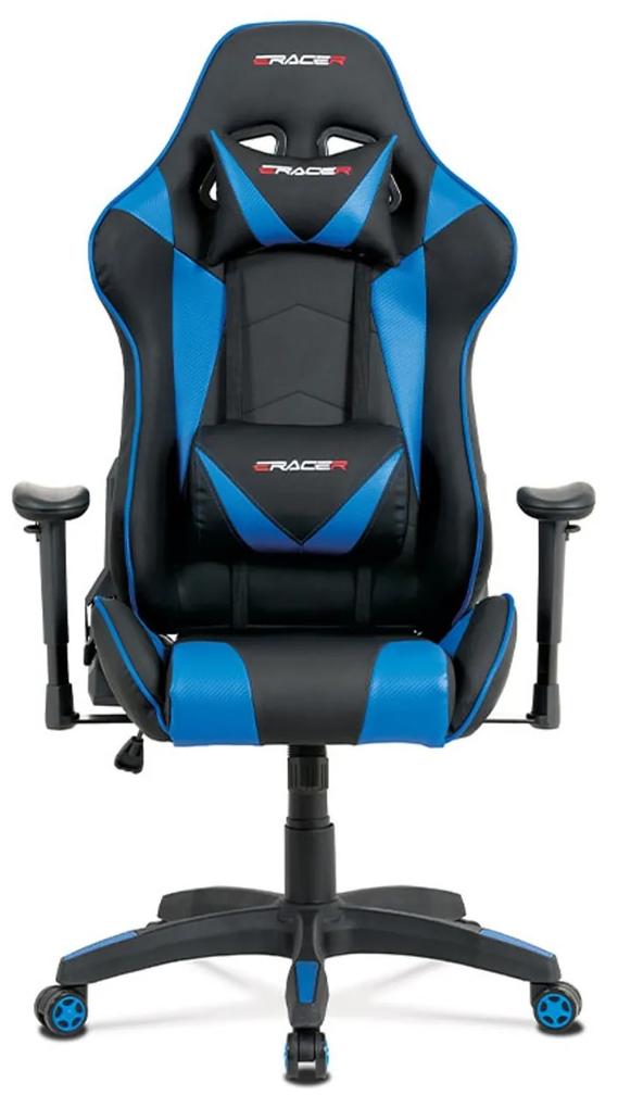 Kancelářská židle KA-F03 RACER BLUE, modrá+černá ekokůže, houpací mech., plastový kříž