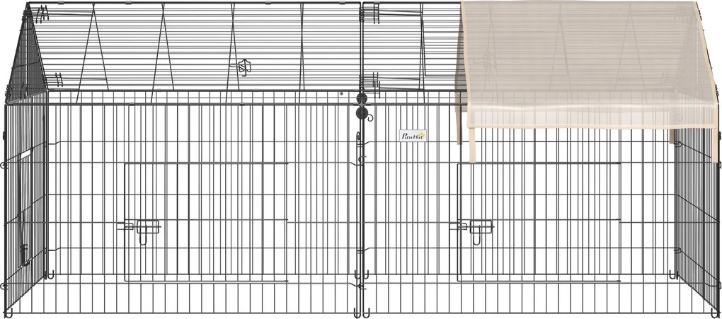 Venkovní výběh PawHut s ochranou proti slunci pro malá zvířata 220 x 103 cm, kovová králíkárna v béžové a černé barvě