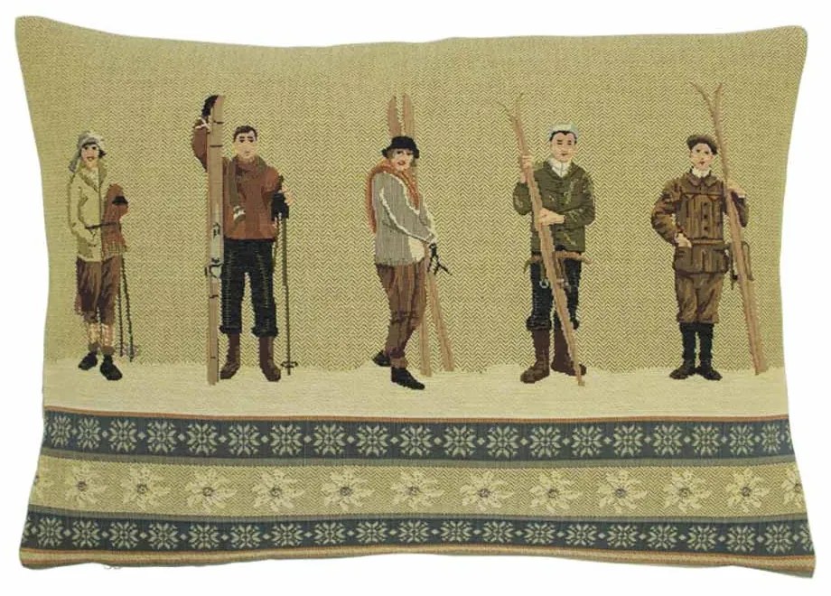 Gobelínový polštář s lyžaři a dobovými lyžemi Ski antique - 45*15*31cm