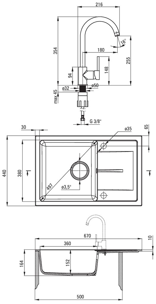 Deante Leda, granitový 1-komorový dřez na desku 670x440x164 mm + dřezová baterie BEN 762M písková + sifon, písková, ZRDA7113