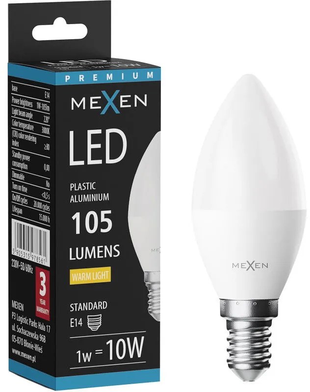 Mexen Nova LED žárovka E14, C37, 1W, Teplá - 3000K, 105 lm - L102-E14-0130-01