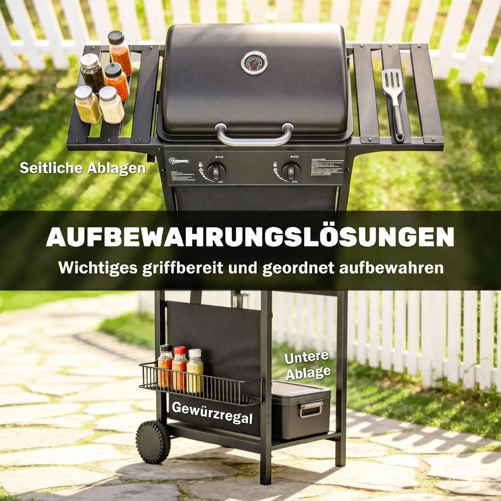 Outsunny Plynový gril 5 KW 2 hořáky BBQ grilovací vozík z nerezové oceli včetně bočního stolku spodní koš přední kryt teploměr smaltovaný grilovací r…
