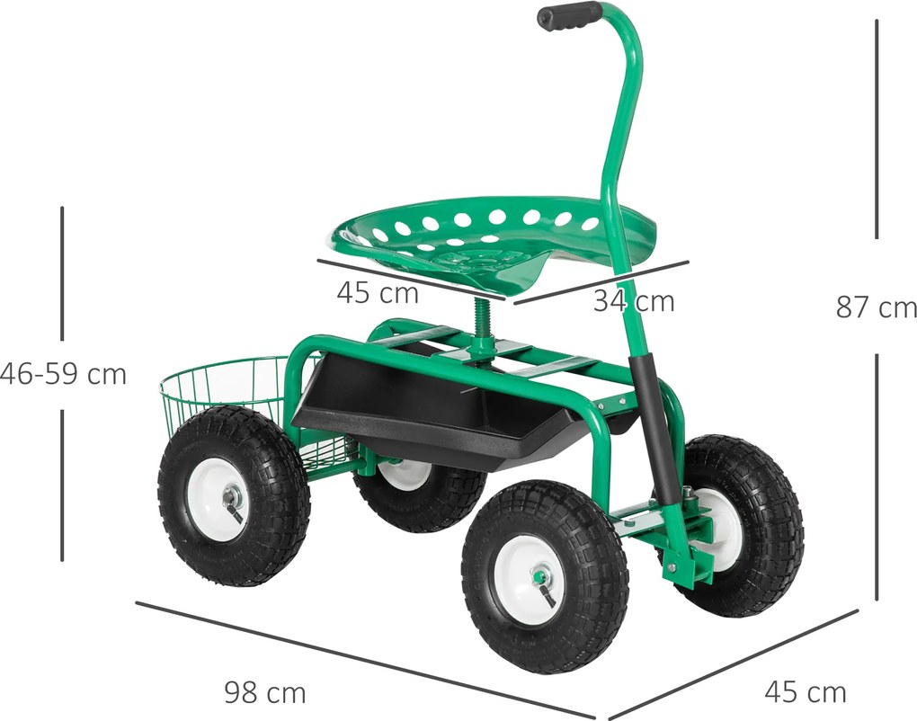 Zahradní vozík Outsunny, dílenský vozík, zahradní sedačka s otočným sedadlem, úložný koš, výškově nastavitelný, nosnost 150 kg, zelený, 81 x 44,5 x 4…