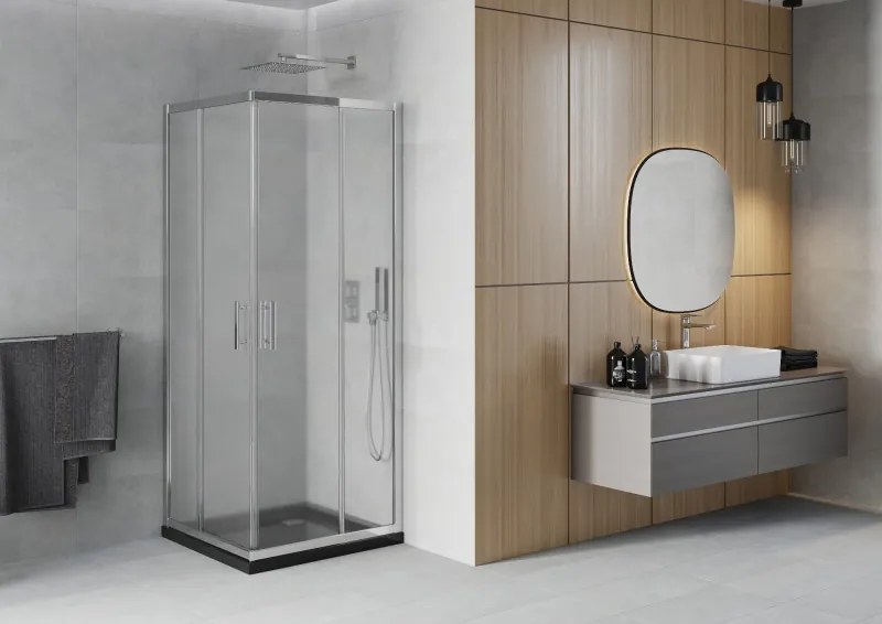 Mexen Rio, čtvercový sprchový kout s posuvnými dveřmi 90 x 90 cm, 5mm sklo námraza, chromový profik+ černá vanička Rio, 860-090-090-01-30-4070