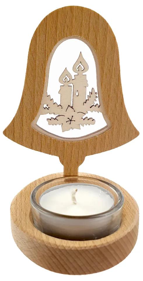 AMADEA Dřevěný svícen zvonek s vkladem - svíčky, masivní dřevo, výška 10 cm