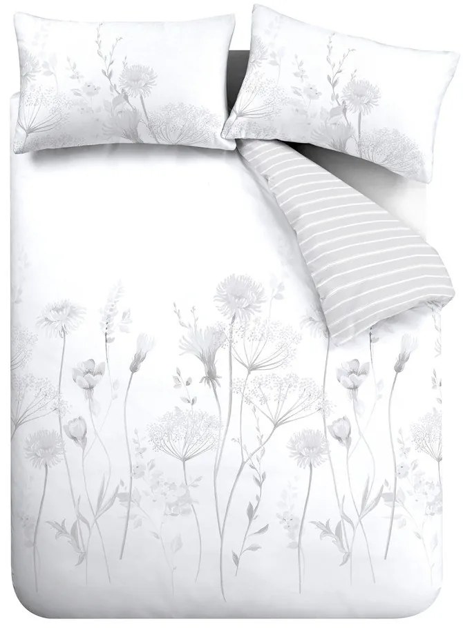 Bílé/šedé povlečení na dvoulůžko/prodloužené 230x220 cm Meadowsweet Floral – Catherine Lansfield