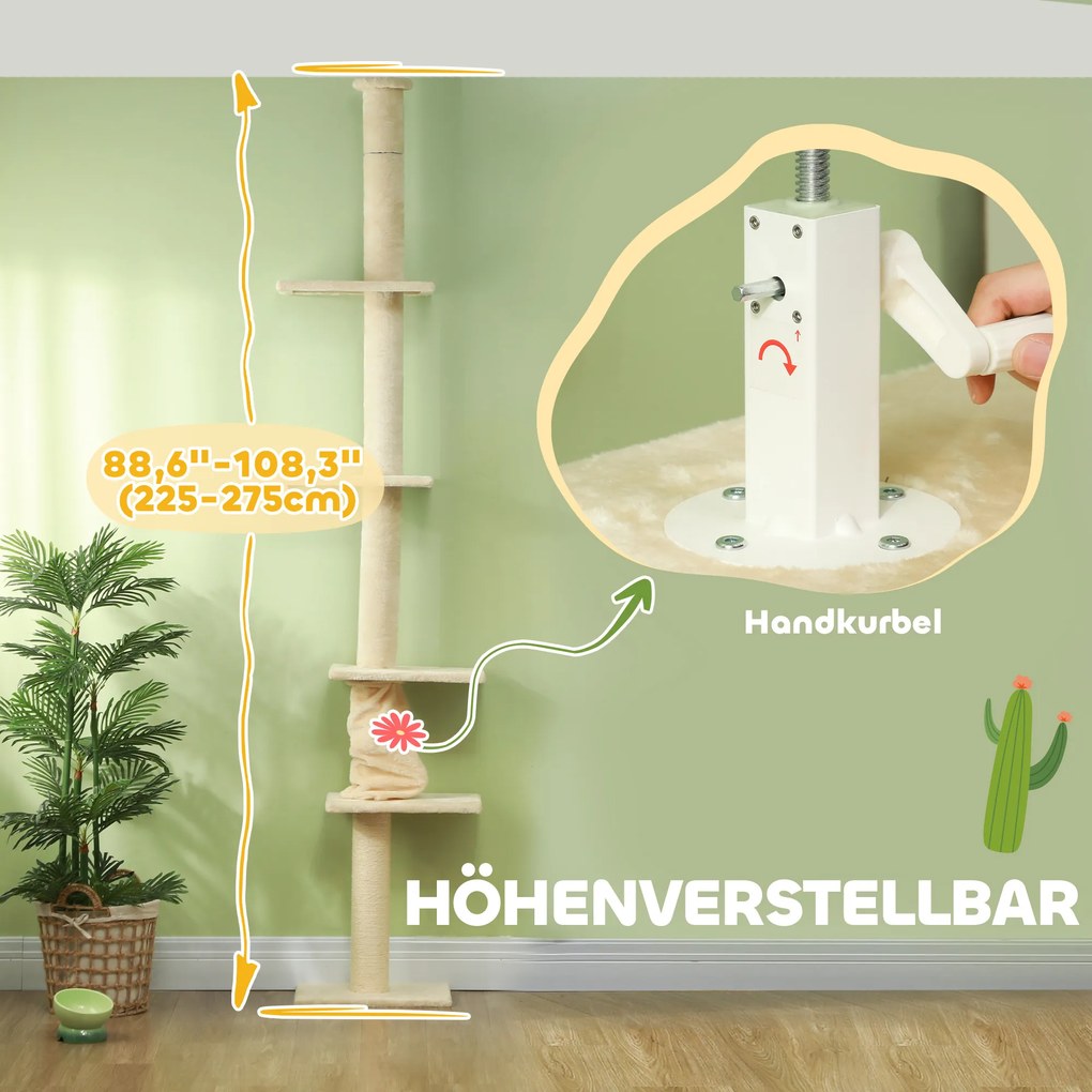 PawHut škrabadlo stropní, strom pro kočky, 225-275 cm škrabadlo pro kočky s plošinami, nábytek pro kočky s ochranou proti překlopení, krémově bílé | …