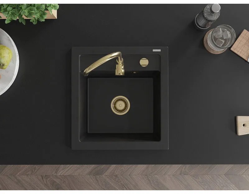 Mexen Vito, granitový dřez 520x490x210 mm, 1-komorový, černá se zlatým sifonem, 6503521000-77-G