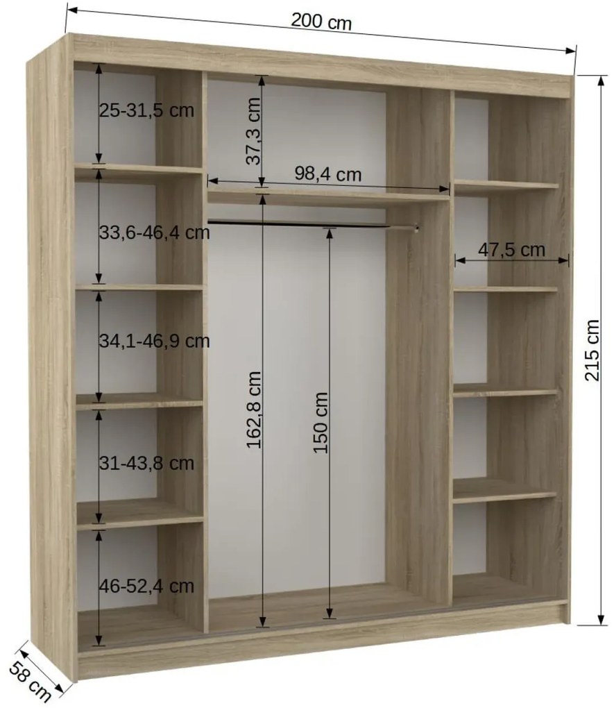 Šatní skříň s posuvnými dveřmi Viki - 200 cm Barva: Bílá/dub Sonoma